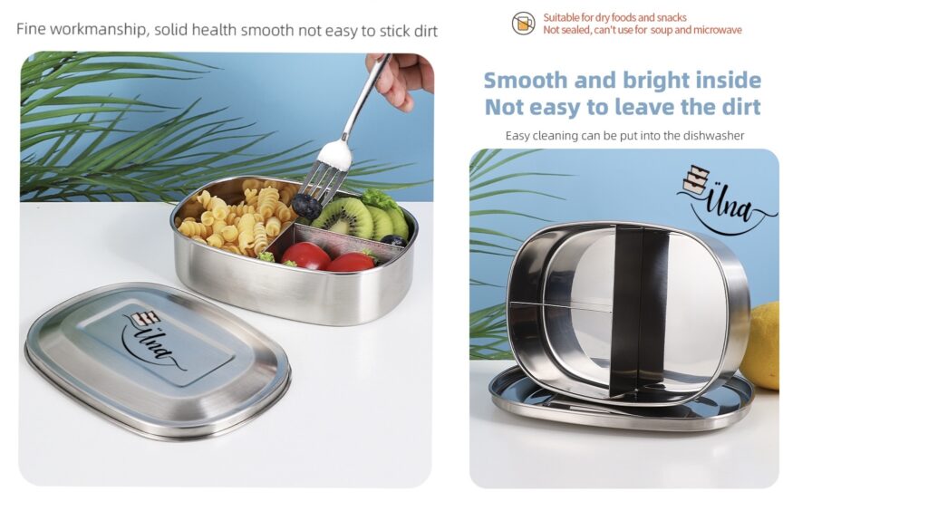 600ml 3 partition Bento Steel lunch box - Una Boxes